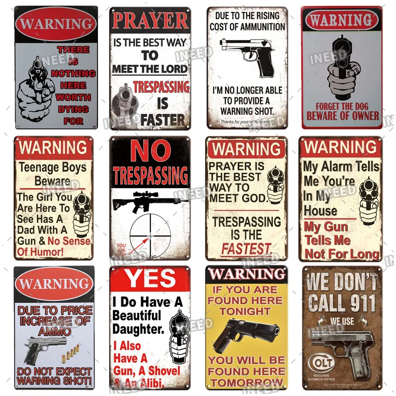 INEED Decor No Trespassing Gun Tin Signs Warning Plaque Metal Retro ...