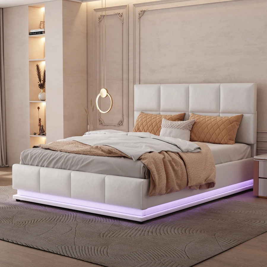 leather-double-bed-Upholstered-bed-140x200-cm-with-LED-lighting ...