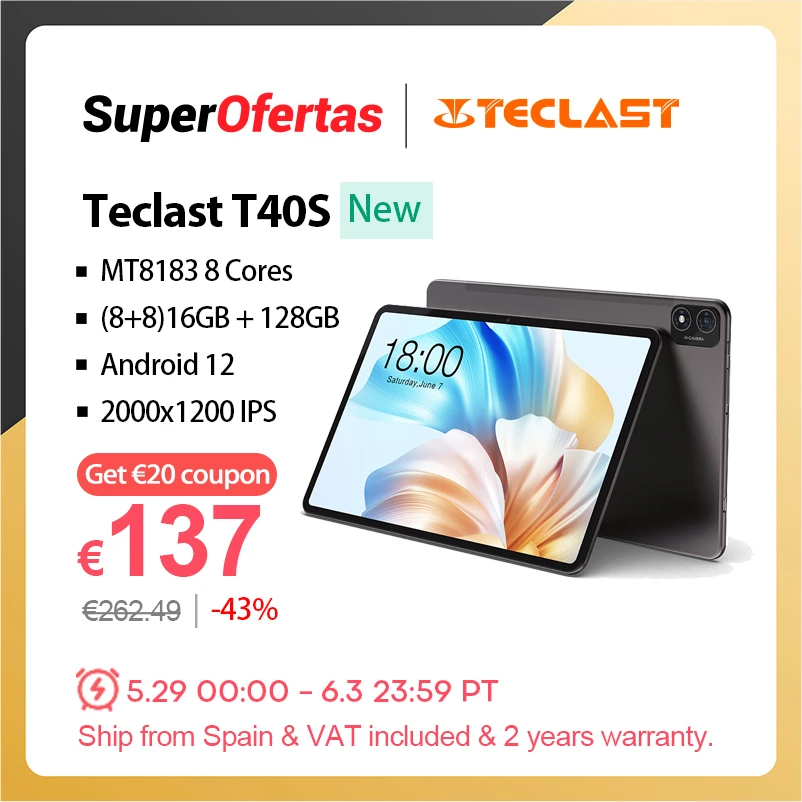 Teclast T40s 2023 2k 10.4 Inch Tablet Mt8183 8 Cores (8+8) 16gb Ram 128gb Rom 2000x1200 Ips Tddi ...