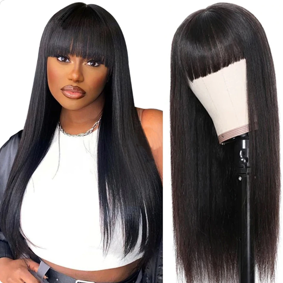 Bone-Straight-Human-Hair-Wigs-With-Bang-Full-Machine-Made-Wigs-Long ...