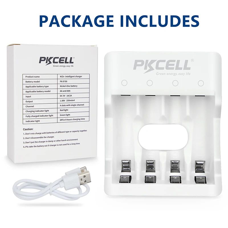 PKCELL 8186 NIZN 배터리 충전기, AA 또는 AAA 충전식 배터리, LED 조명 표시, USB 케이블, 4PCs ...