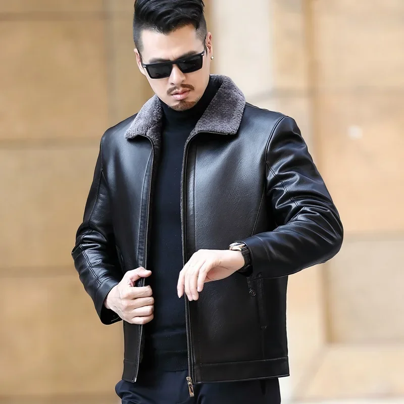 Men's Fur One Casual Thickened Motorcycle Jacket Mens Fashion Leather ...