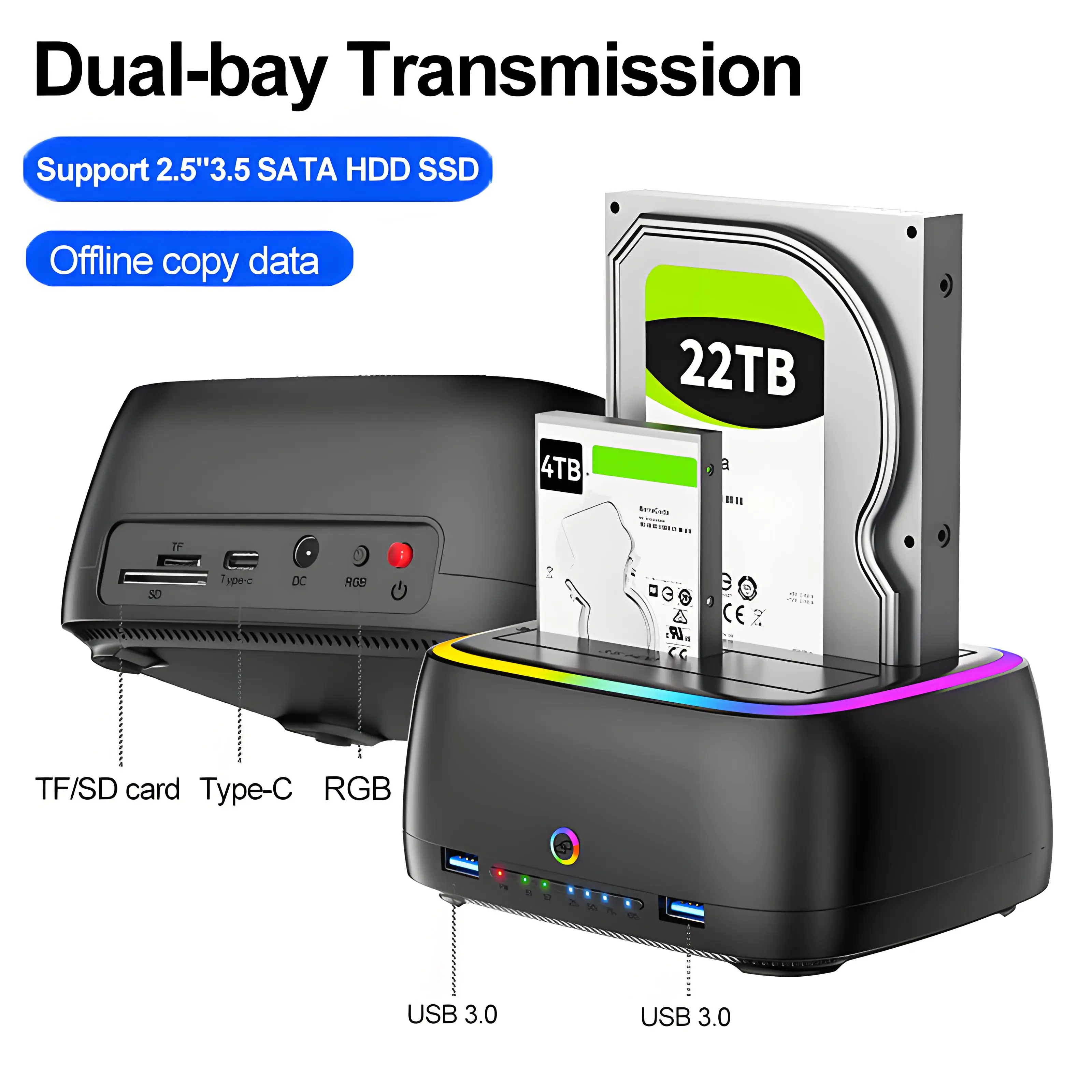 7 IN 1 Dual-bay Hard Drive Station USB3.0 5Gbps SATA HDD Docking ...