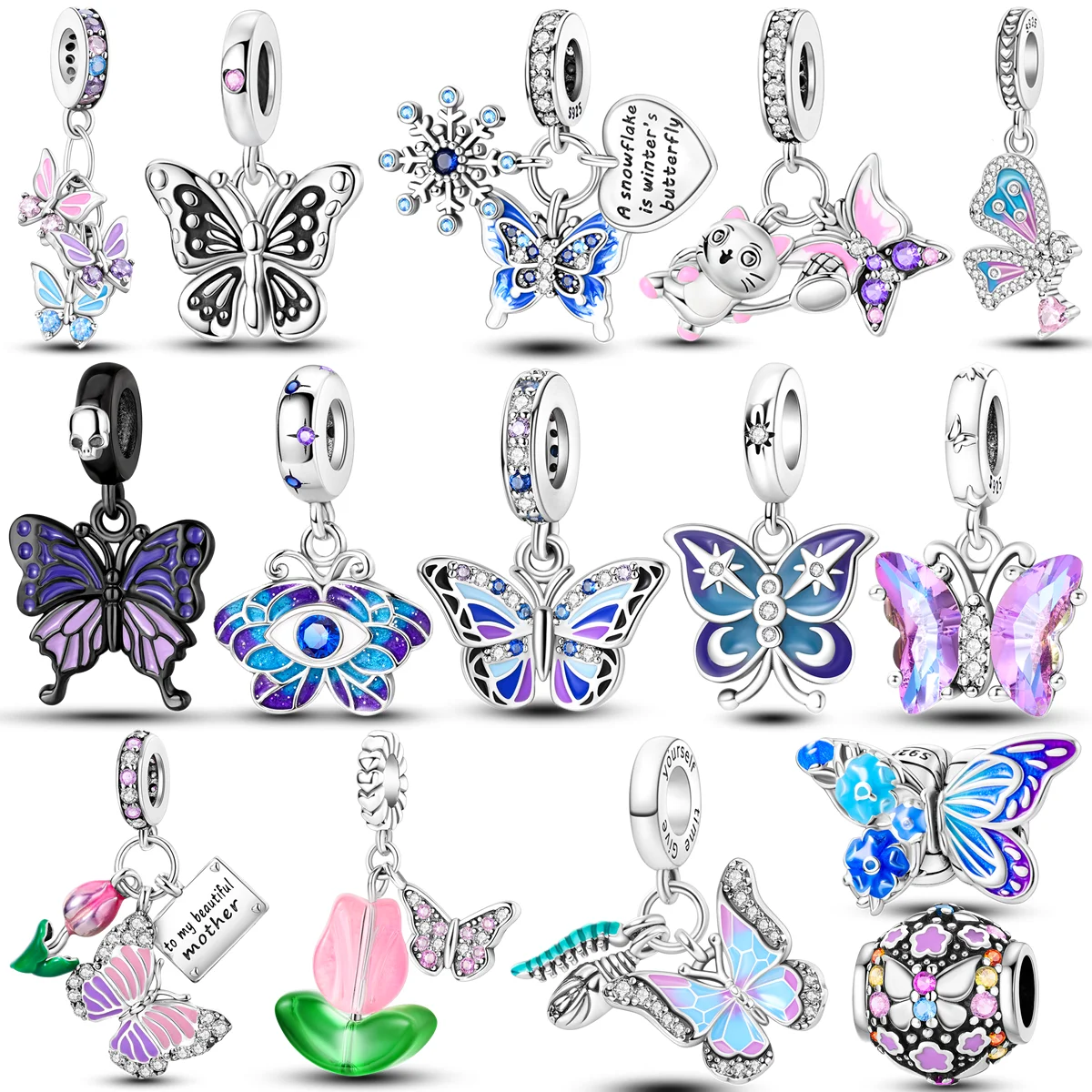 Various Butterfly Charms Bead 925 Sterling Silver Inlaid Zirconium ...