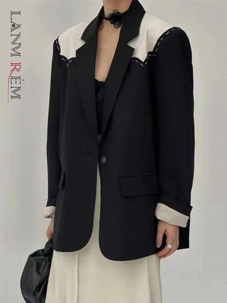 LANMREM-Spliced-Contrast-Color-High-Street-Blazer-For-Women-Single ...