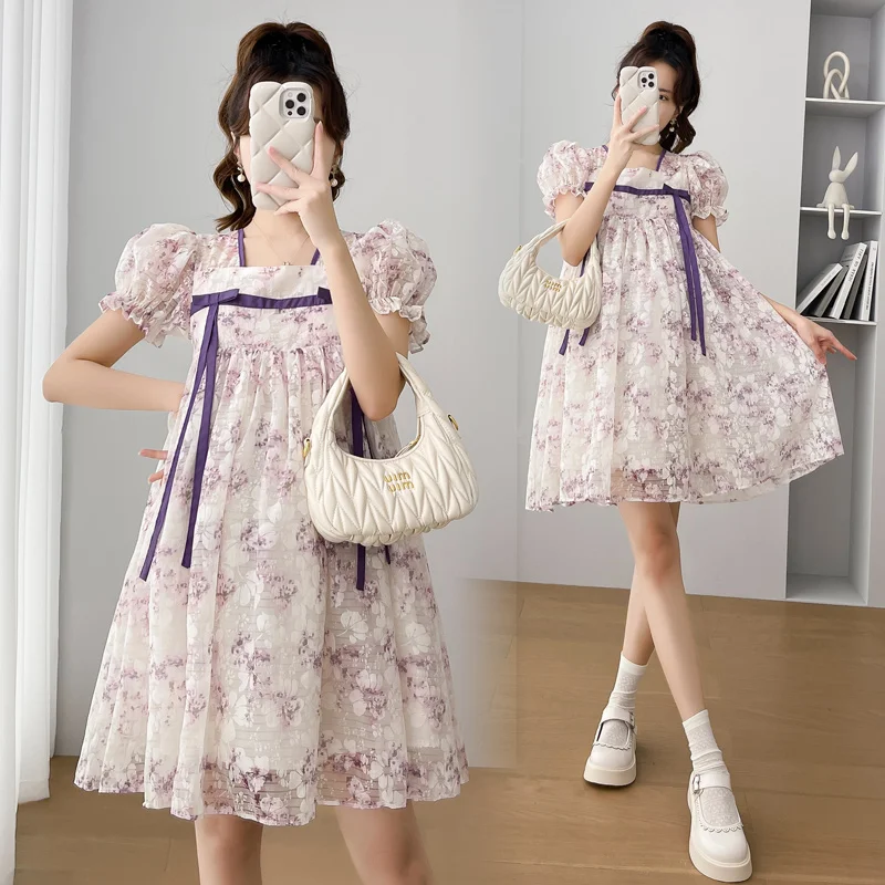 Plus Size Maternity Lace Dress Summer Short Flare Sleeve Square Collar ...