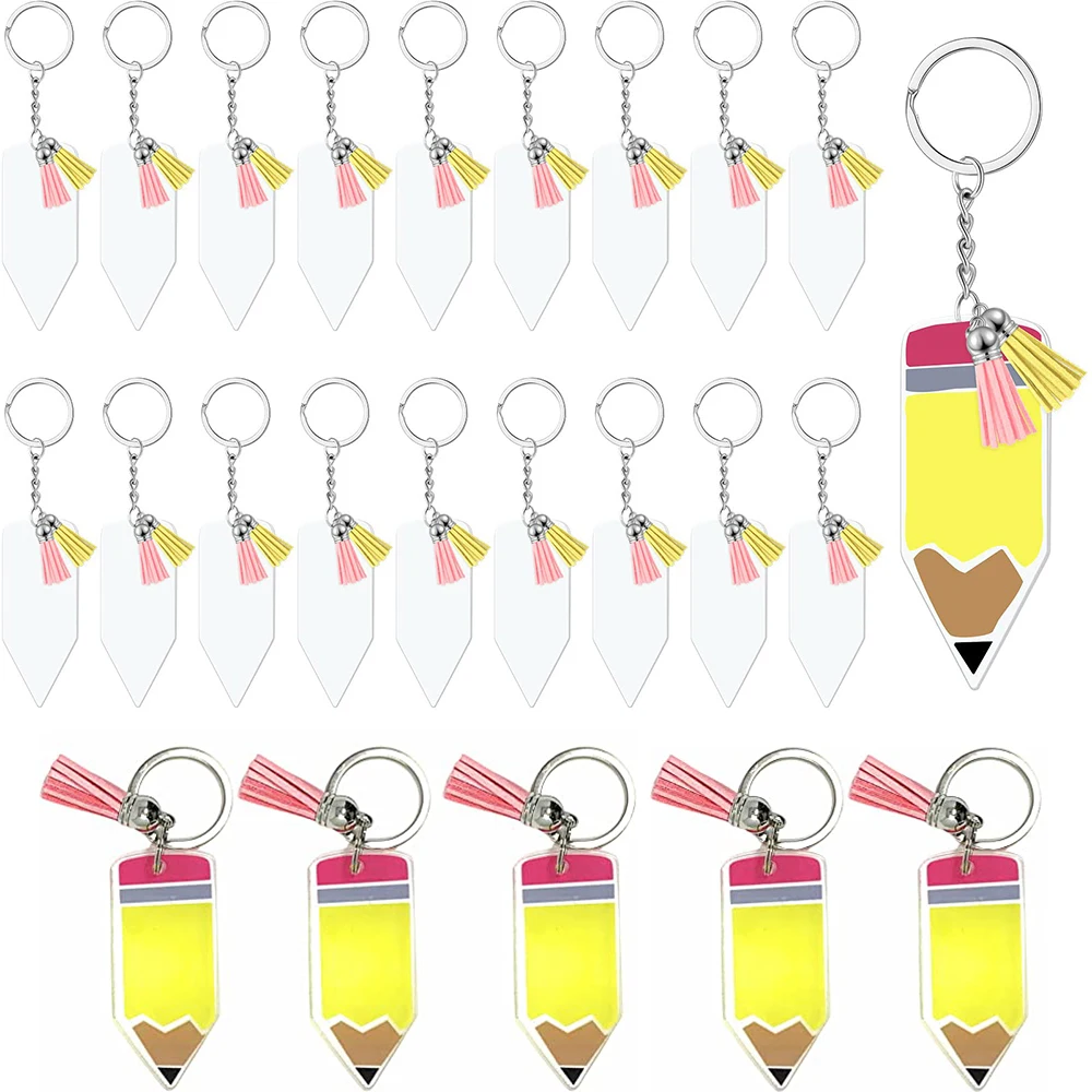 120Pcs Acrylic Pencil Keychains Blank with Key Rings Tassels Key Chain ...