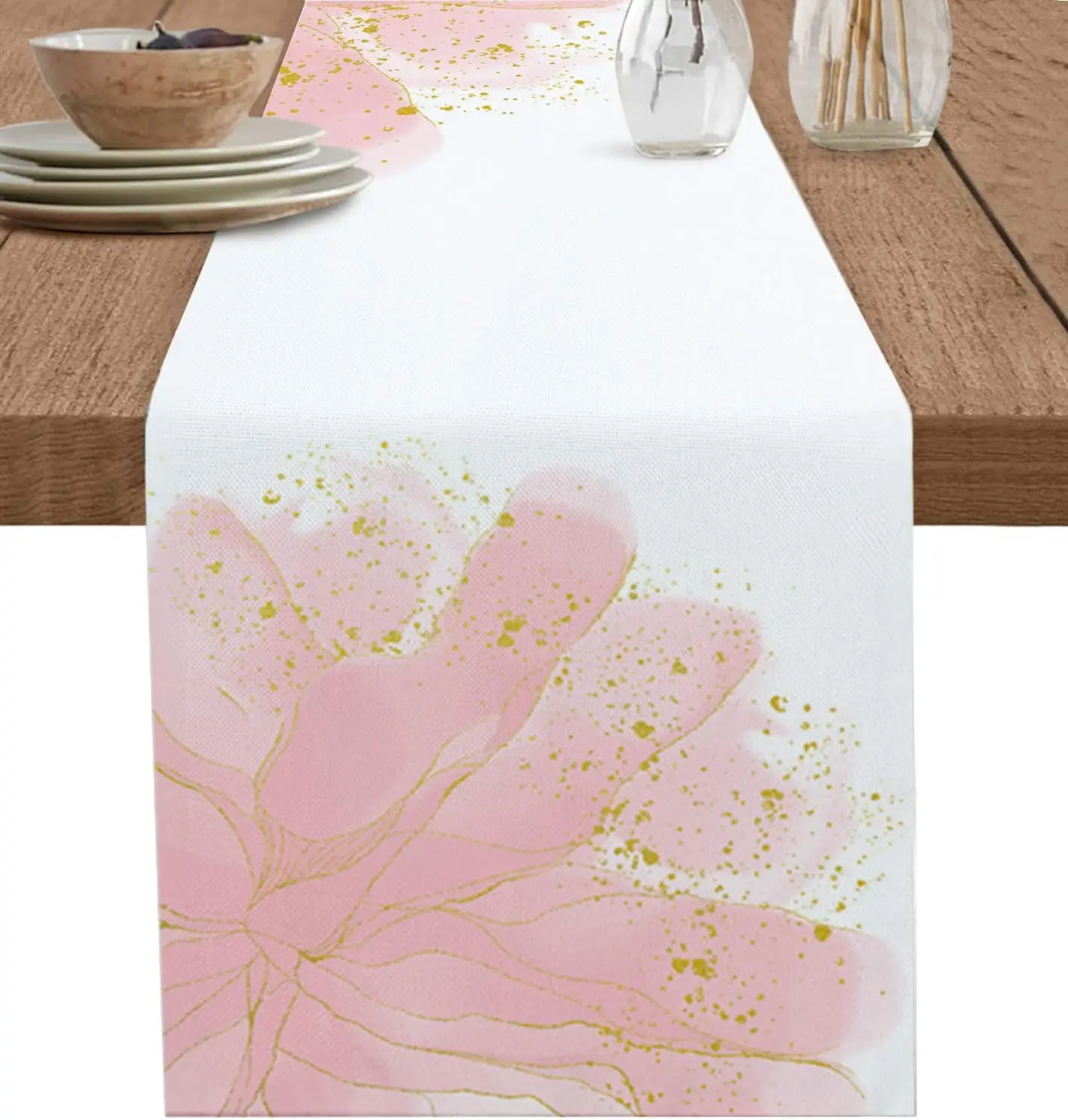 Pink-Botanical-Linen-Table-Runners-Watercolor-Pink-Yellow-Abstract-Art ...