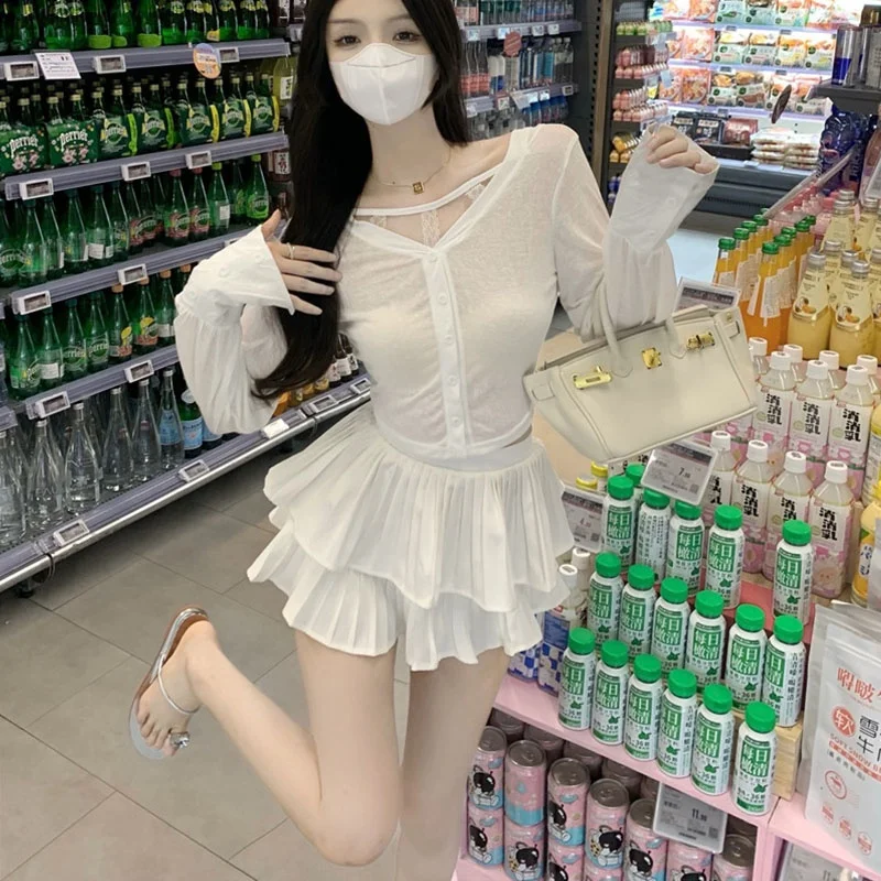 퓨어 욕망 프랑스 스타일 스커트 여성 봄 새로운 요정 A 라인 스커트 높은 허리 슬리밍 섹시한 올 매치 짧은 치마 세트
