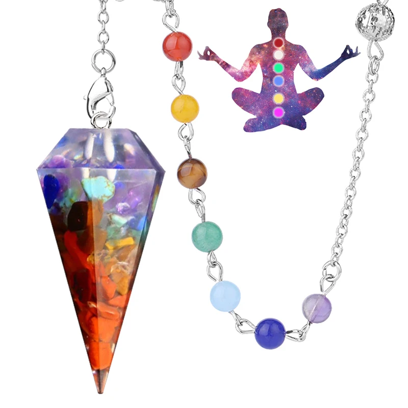 7-Chakras-Chain-Resin-Hexagon-Pointed-Cone-Pendant-Pendulum-Decoration ...