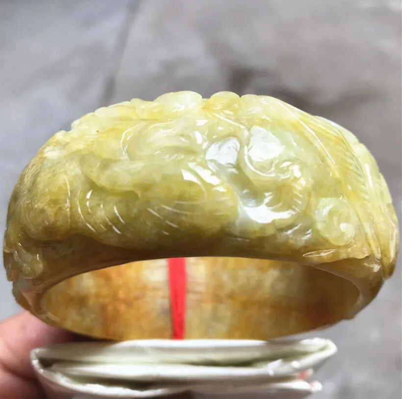 61.7mm Burma Natural Icy Yellow Jadeite Jade Bracelet Carving Dragon ...