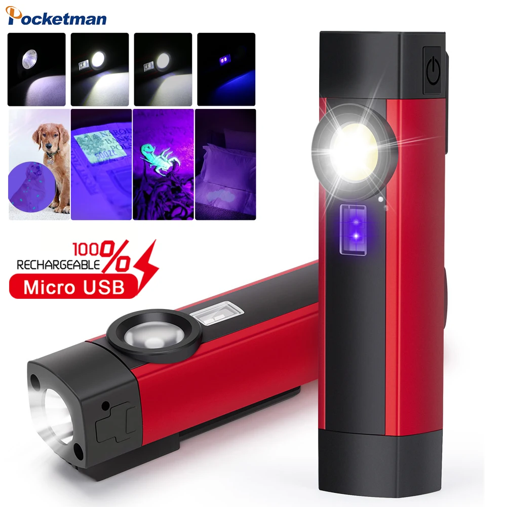 Portable-COB-LED-Flashlight-Rechargable-Camping-Torch-Portable-UV-Black ...
