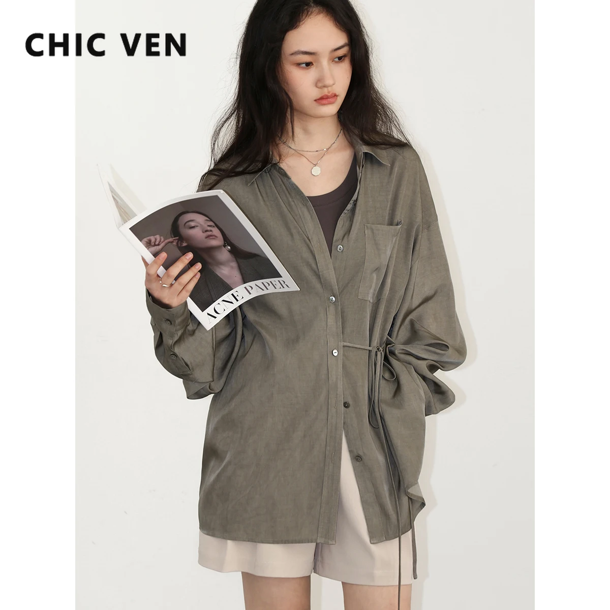 CHIC-VEN-Women-Shirt-Solid-Casual-Long-Sleeve-New-Loose-Lapel-Female ...