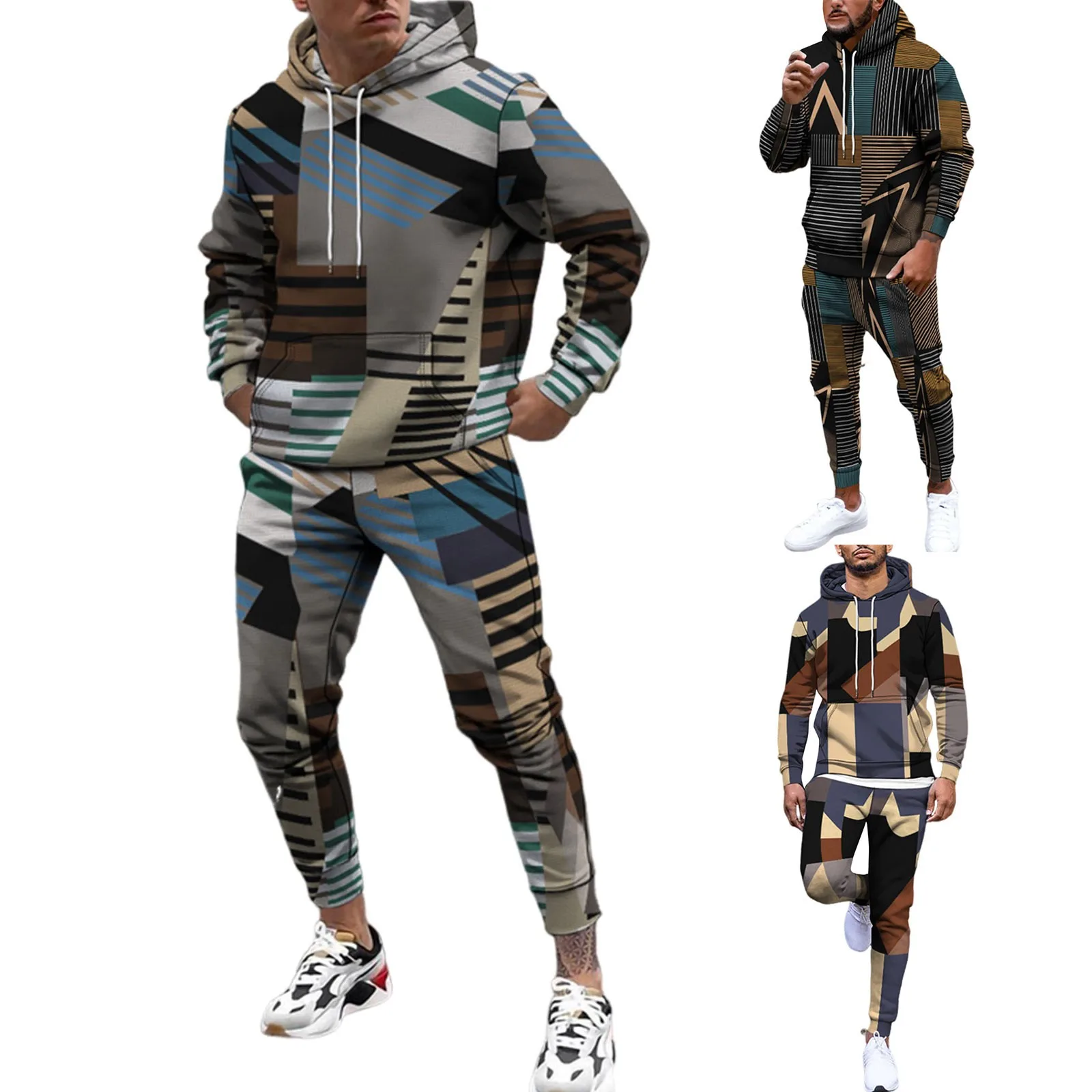 Mens Casual Street Running Teenagers Solid Trousers Suit Two Piece ...