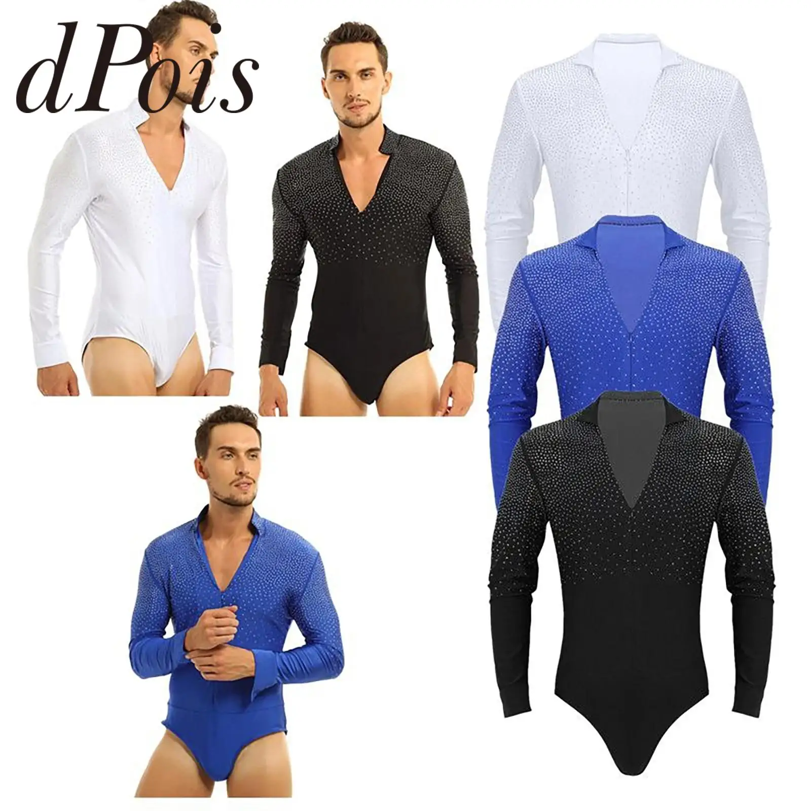Men Gymnastics Leotard Shiny Rhinestones V-neck Long Sleeve Stage ...