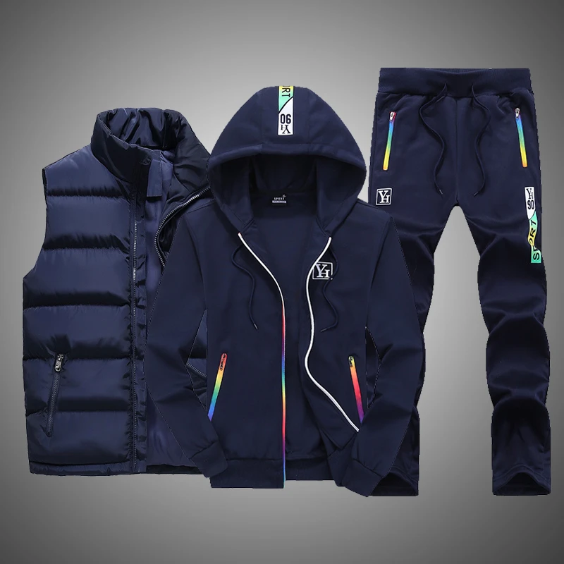 Sweat Suit New Winter Men's Clothing Men Sets 3 Pieces Vest Hoodie Set ...