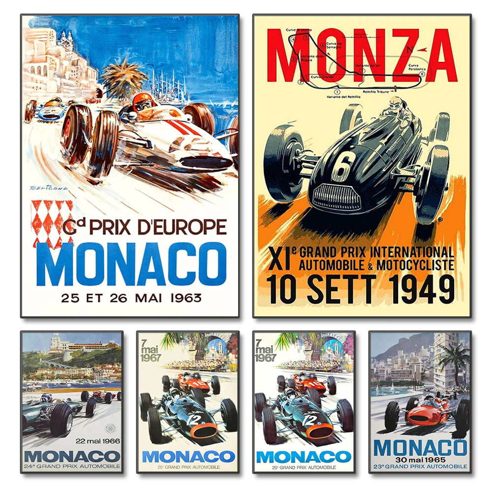 Vintage-Car-Races-Monaco-Prix-F1-Racing-Poster-Canvas-Painting-Formula ...