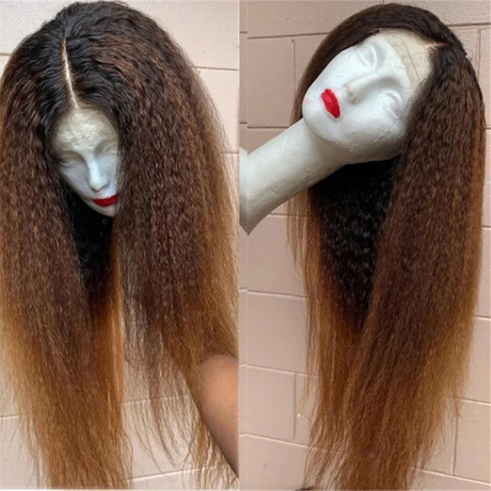 26 “Yaki Soft 180Density Natural ombre brown Kinky Straight Long Lace Front Wig For Women ...