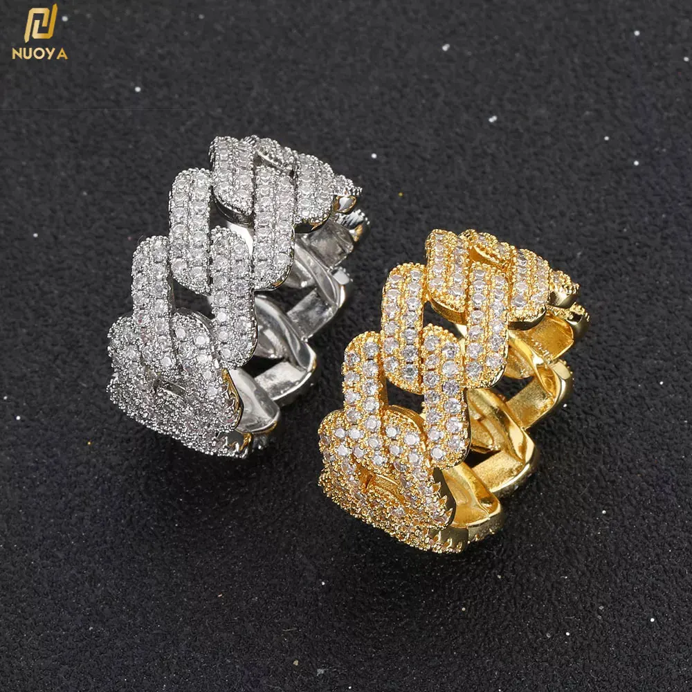 Trendy Hip Hop Men Gold Diamond Cuban Chain Ring Gold Plated Bling Iced Out Cubic Zircon Cuba ...