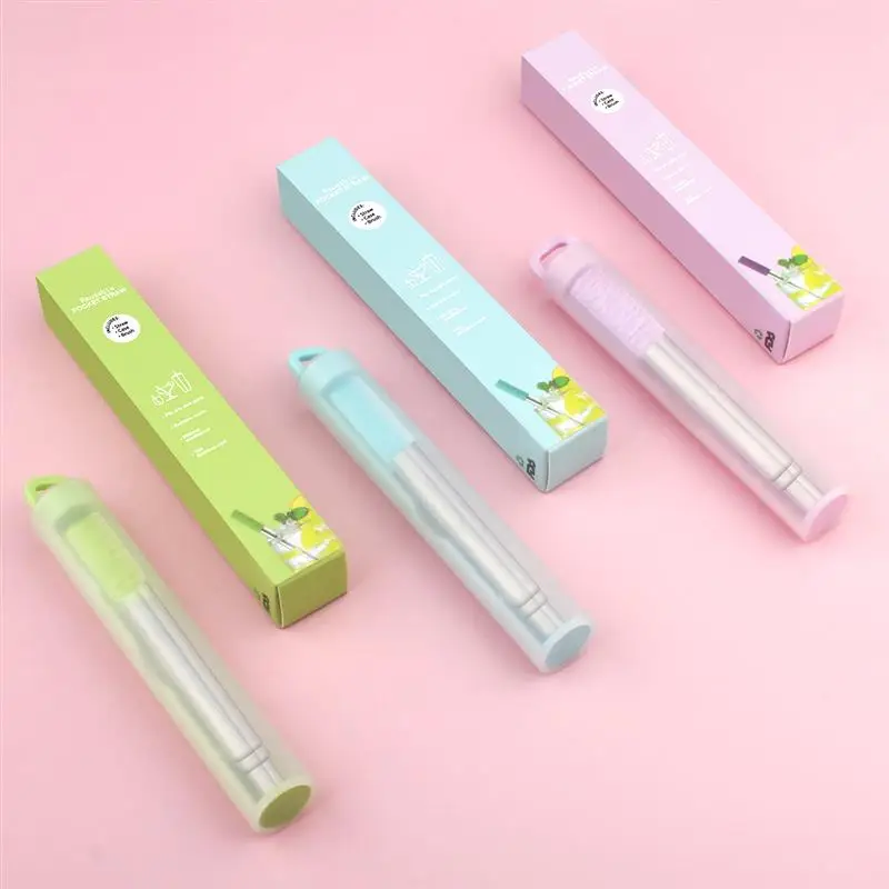 텔레스코픽 재사용 가능한 빨대 스테인레스 스틸 금속 빨대 접이식 빨대 세트 케이스 청소 브러시 포함 캠핑 여행 빨대