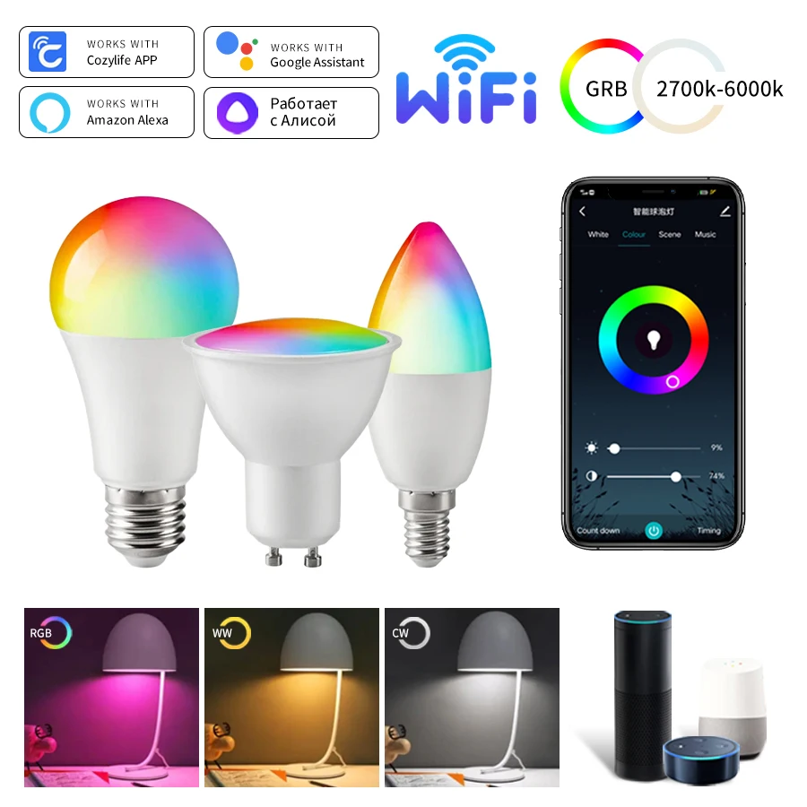 Smart-Light-LED-Bulbs-Wifi-RGB-Lamp-E27-E14-GU10-Alexa-Google ...