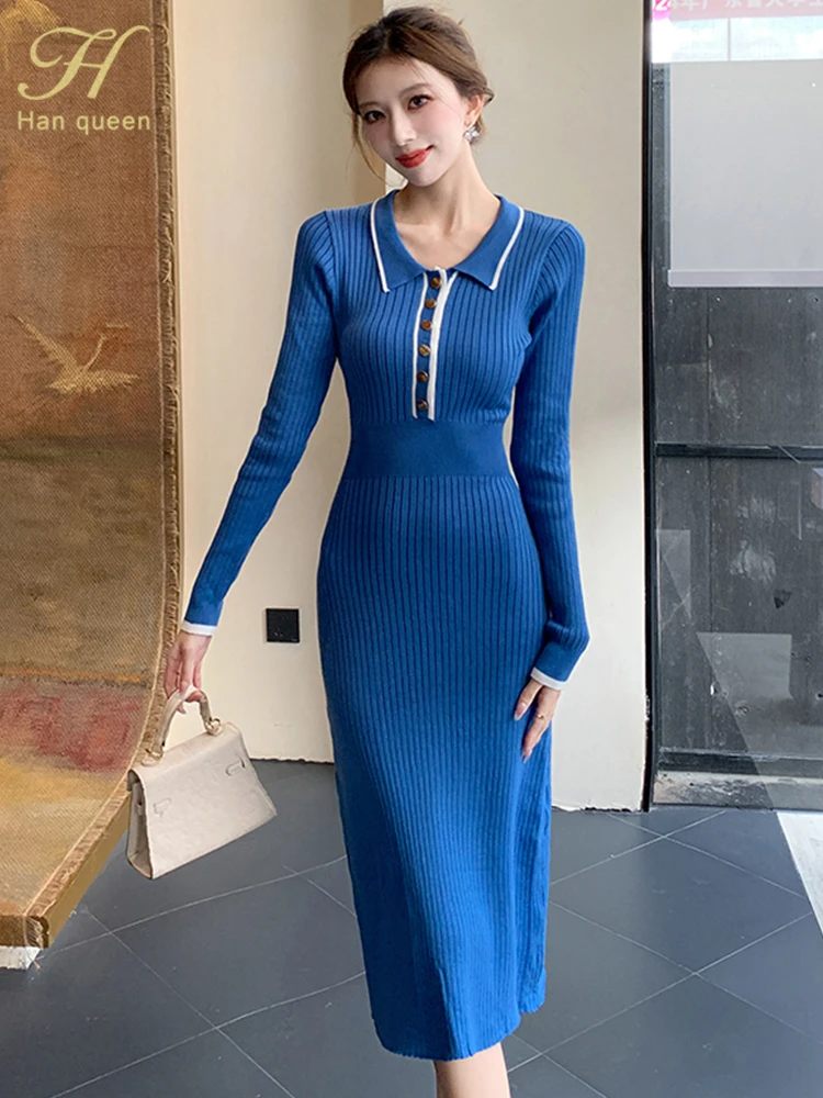 H Han Queen Autumn Winter Stretch Pencil Casual Dress Women Knitted ...
