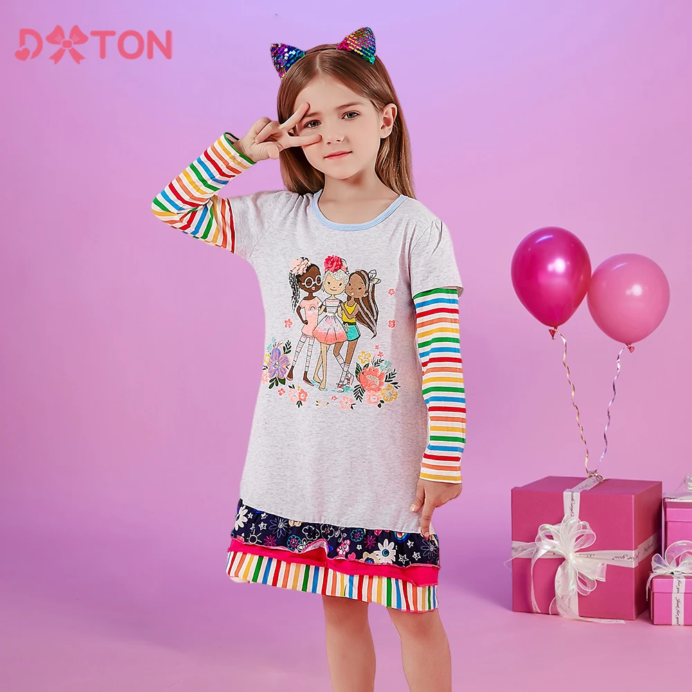 DXTON Spring Girls Dress Stripe Rainbow Sleeve Children's Dress ...
