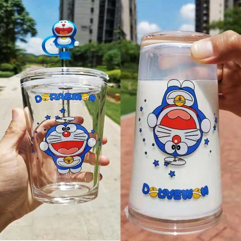 카와이 애니메이션 도라에몽 유리 빨대 컵 커버 포함 만화 양 음료용기 주스 차 커피 우유 컵 유리 머그잔 물컵 선물