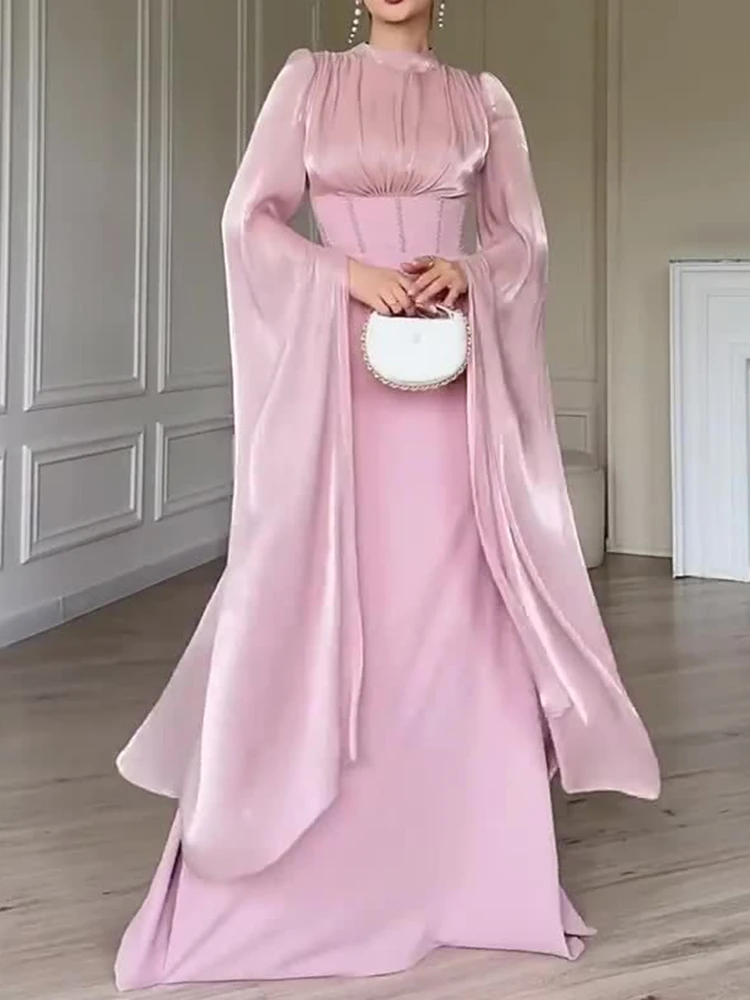 Sexy O-neck Split Sleeve Satin Slim Robes Elegant Pleated High Waist ...