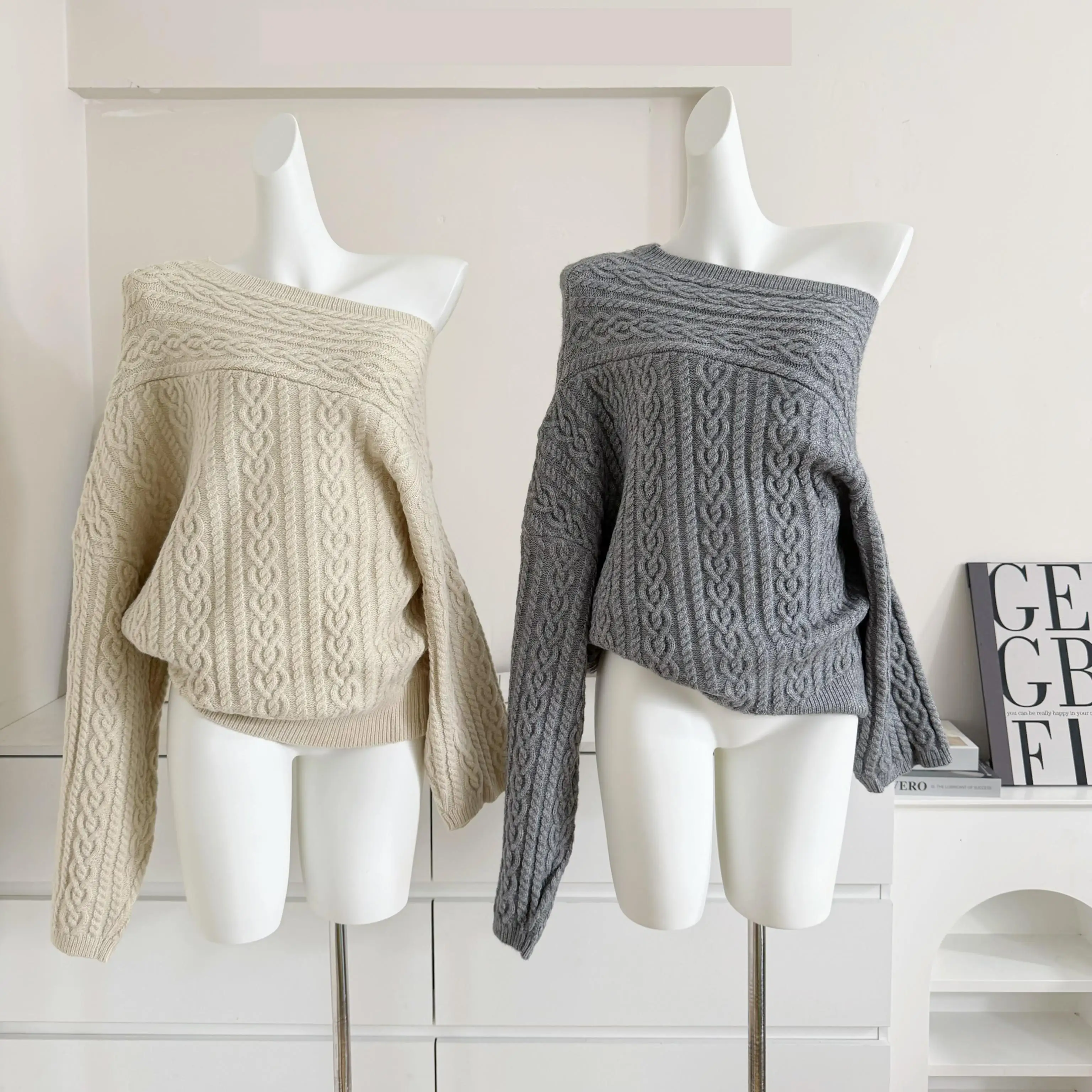 Women's Autumn Winter Elegant Solid Color Slash Neck Long Sleeve ...