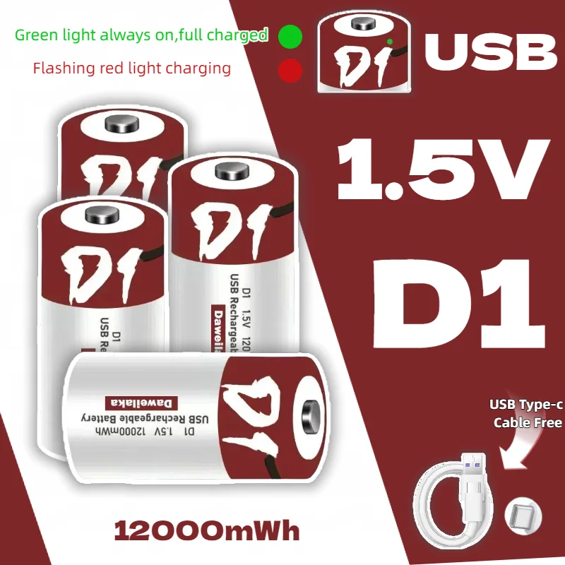 NEW 1.5V D Size Lithium-ion Battery 12000mAh USB Rechargeable for ...