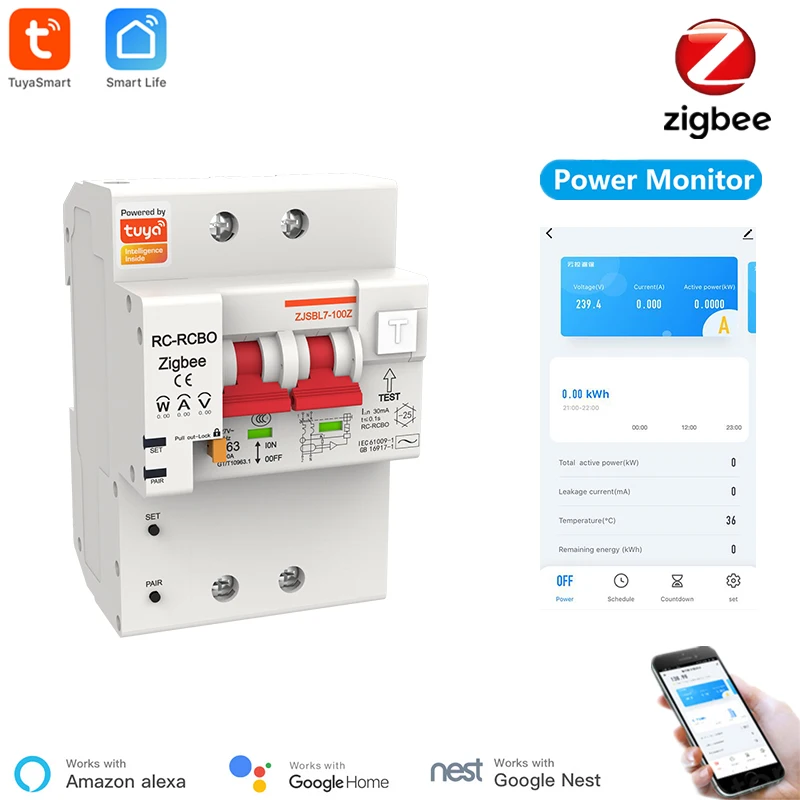 Tuya Zigbee Circuit Breaker 2p Switch Overload Short Circuit Protection Power Consumption Rcbo ...