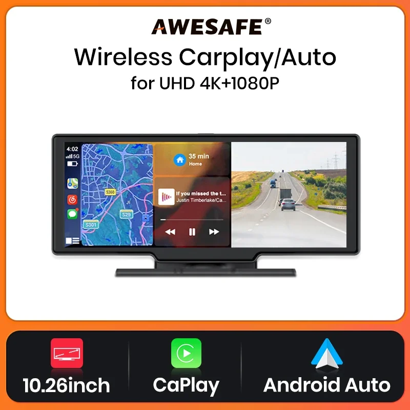 AWESAFE Dash Cam Rearview Camera Wifi Carplay & Android Auto 4K DVR GPS ...
