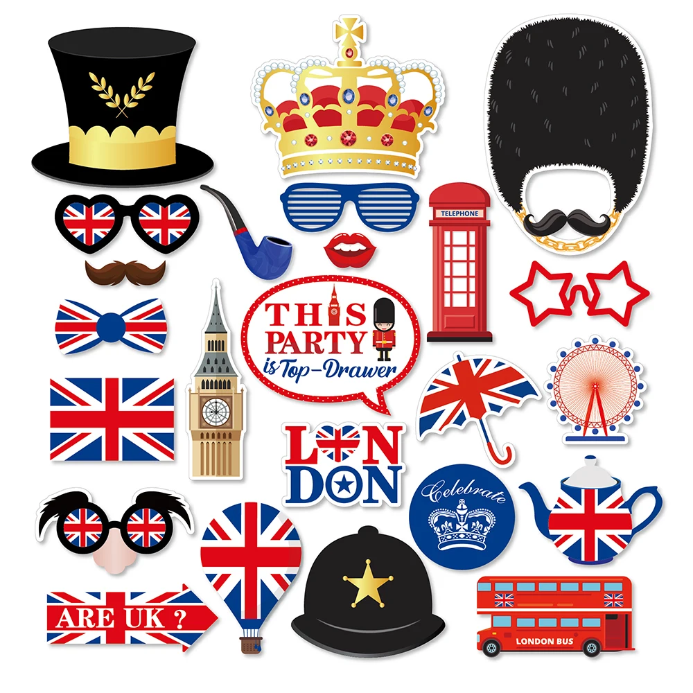 25pcs/set London UK Flag Queen Crown Birthday Party Paper Photobooth ...
