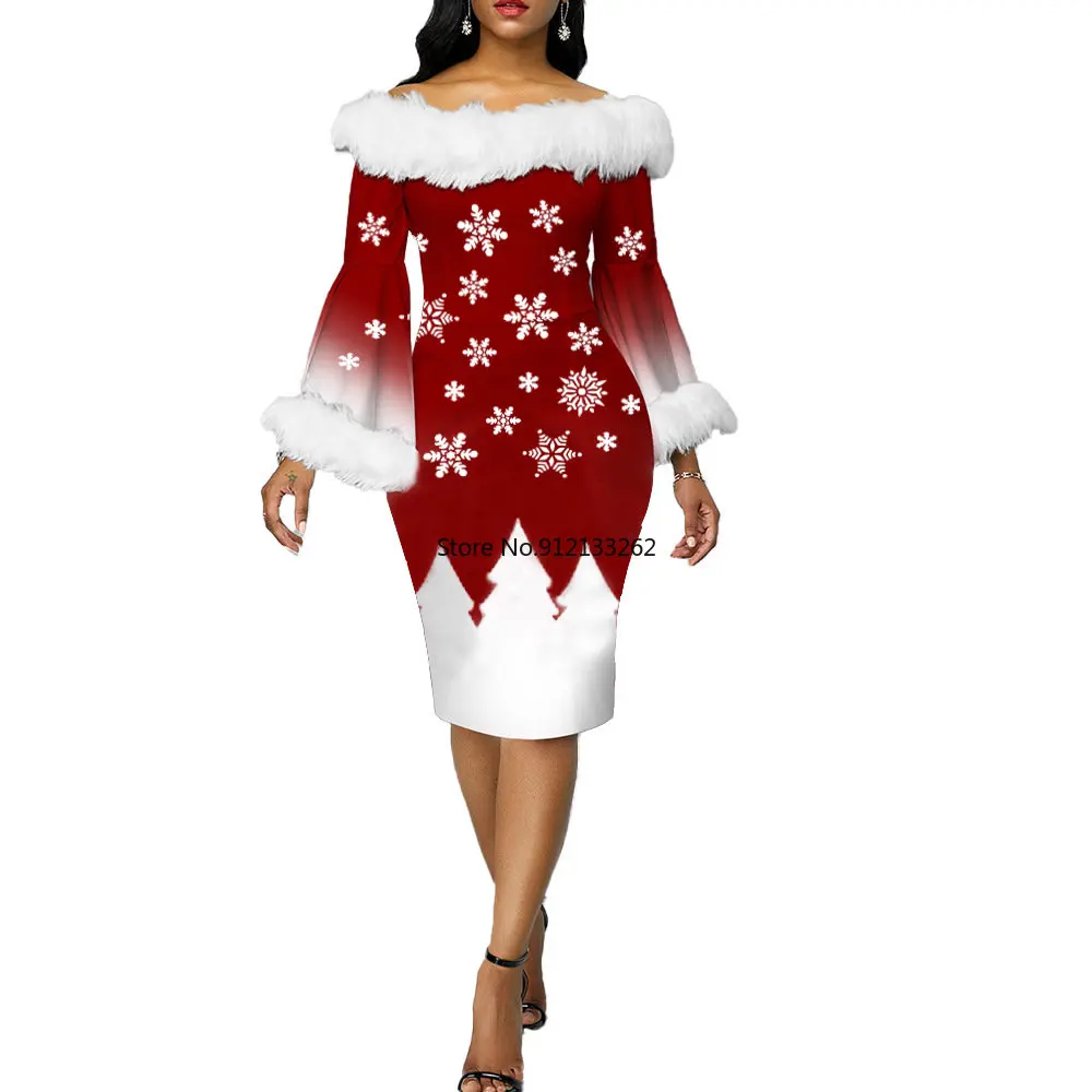 Autumn-Winter-Women-Long-Sleeve-Printing-Slash-Neck-Polyester-Knee ...
