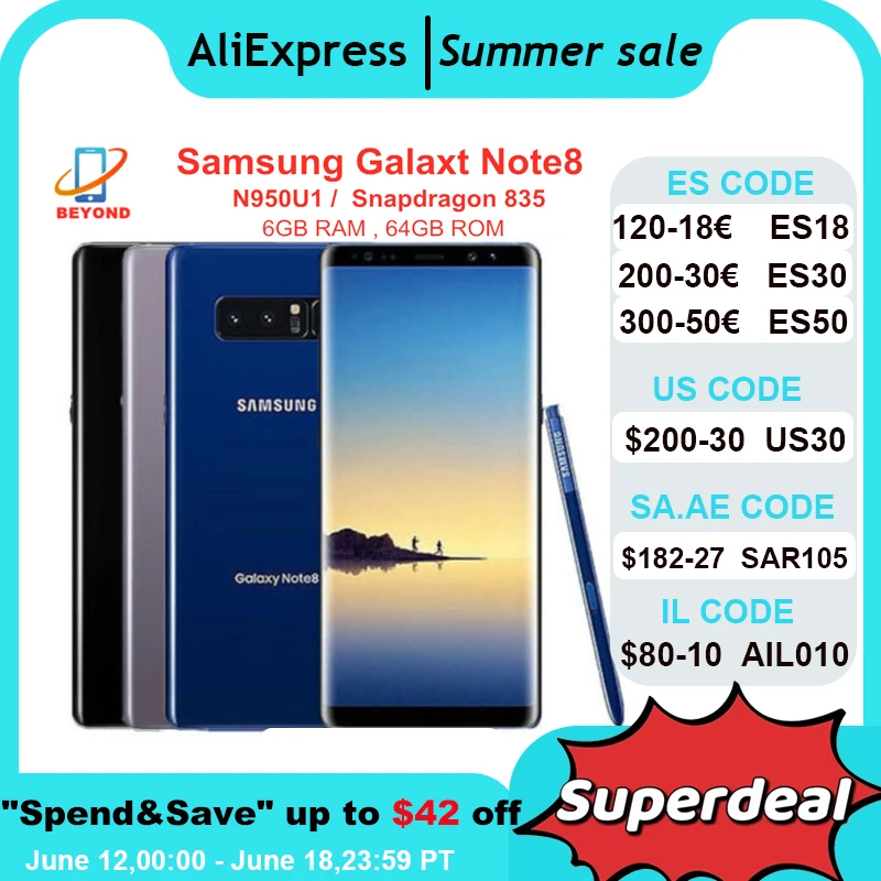 Samsung Galaxy Note8 Note 8 N950U1 Snapdragon 835 NFC Octa Core 6.3' 6GB RAM 64GB ROM Original