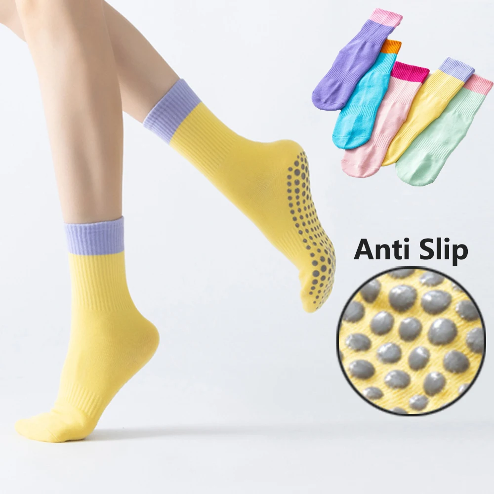 Fashion Color match Women's yoga socks Pilates anti-slip Tube cotton ...