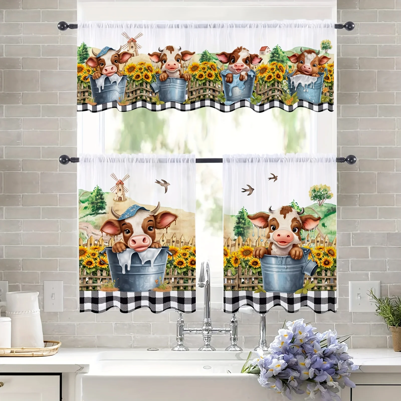 Tiers-Rural-Pastoral-Style-Farmhouse-Sunflower-Cute-Little-Cow-Curtains ...
