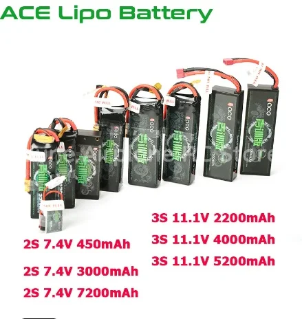 ACE Lipo Battery 7.4V 2S 450mAh 3000mAh 7200mAh 11.1V 3S 2200mAh 2600mAh 4000mAh 5200mAh for ...