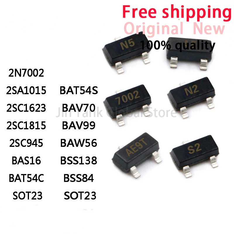 100Pcs New 2N7002 2SA1015 2SC1623 2SC1815 2SC945 BAS16 BAT54C BAT54S ...