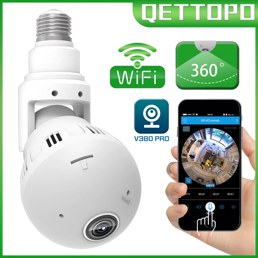 Qettopo 3MP 360 ° Panorâmica Wifi Lâmpada Câmera Night Vision Home ...