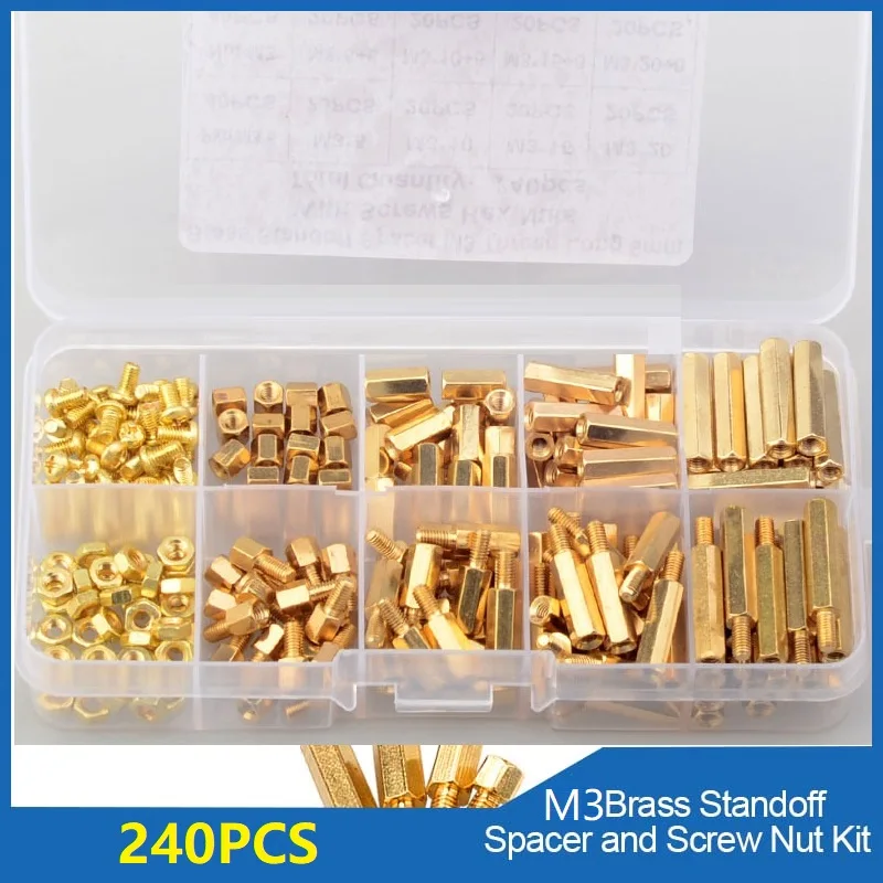 240pcs-Brass-Hex-Standoff-Spacer-with-Pan-Head-Screw-Nut-Brass-M3-5-10 ...