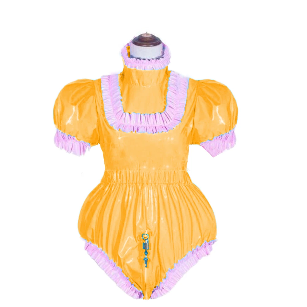 Fetish PVC White Trims Sissy Bodysuit Shiny Faux Leather Lockable ...