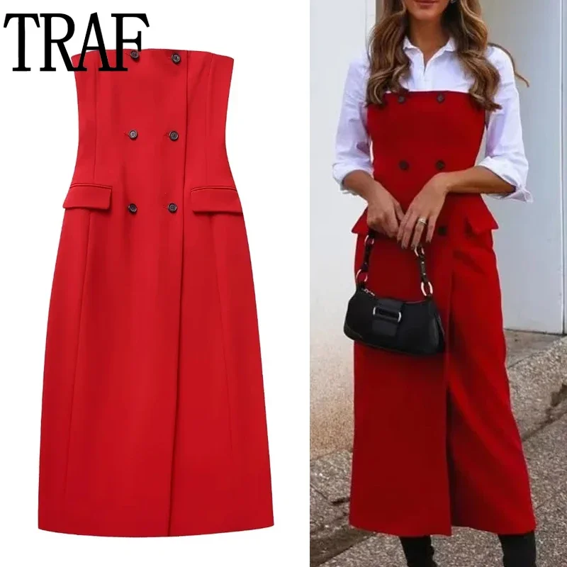 TRAF-vestido-de-cors-rojo-para-mujer-vestido-largo-sin-hombros-sin-mangas-Espalda-descubierta ...