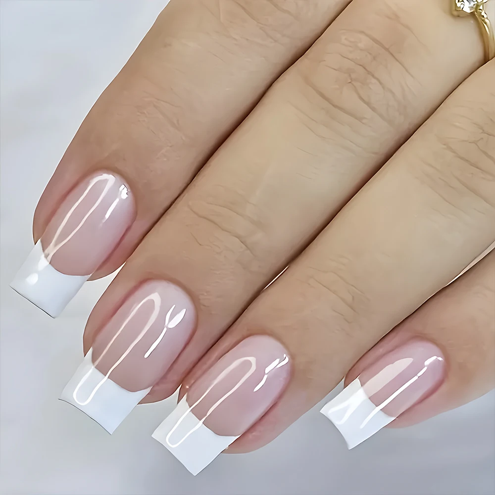 24-Pcs-Classical-French-Medium-Square-False-Nails-With-White-Tip-Design ...