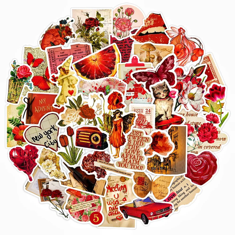 50Pcs-Red-Vintage-Aesthetic-Stickers-for-Scrapbooks-Cute-Vinyl-Stickers ...
