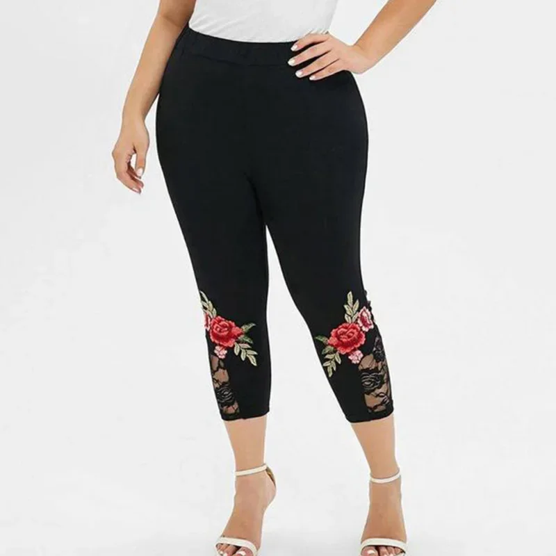 Women Rose Printed Lace Panel Slim Black Pants Female Casual Yoga ...