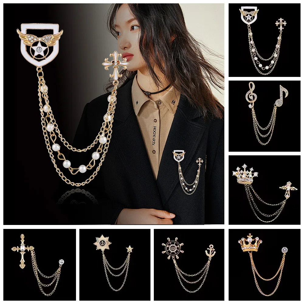Korean-British-Style-Crown-Bird-Brooch-Cross-Suit-Tassel-Chain-Lapel ...