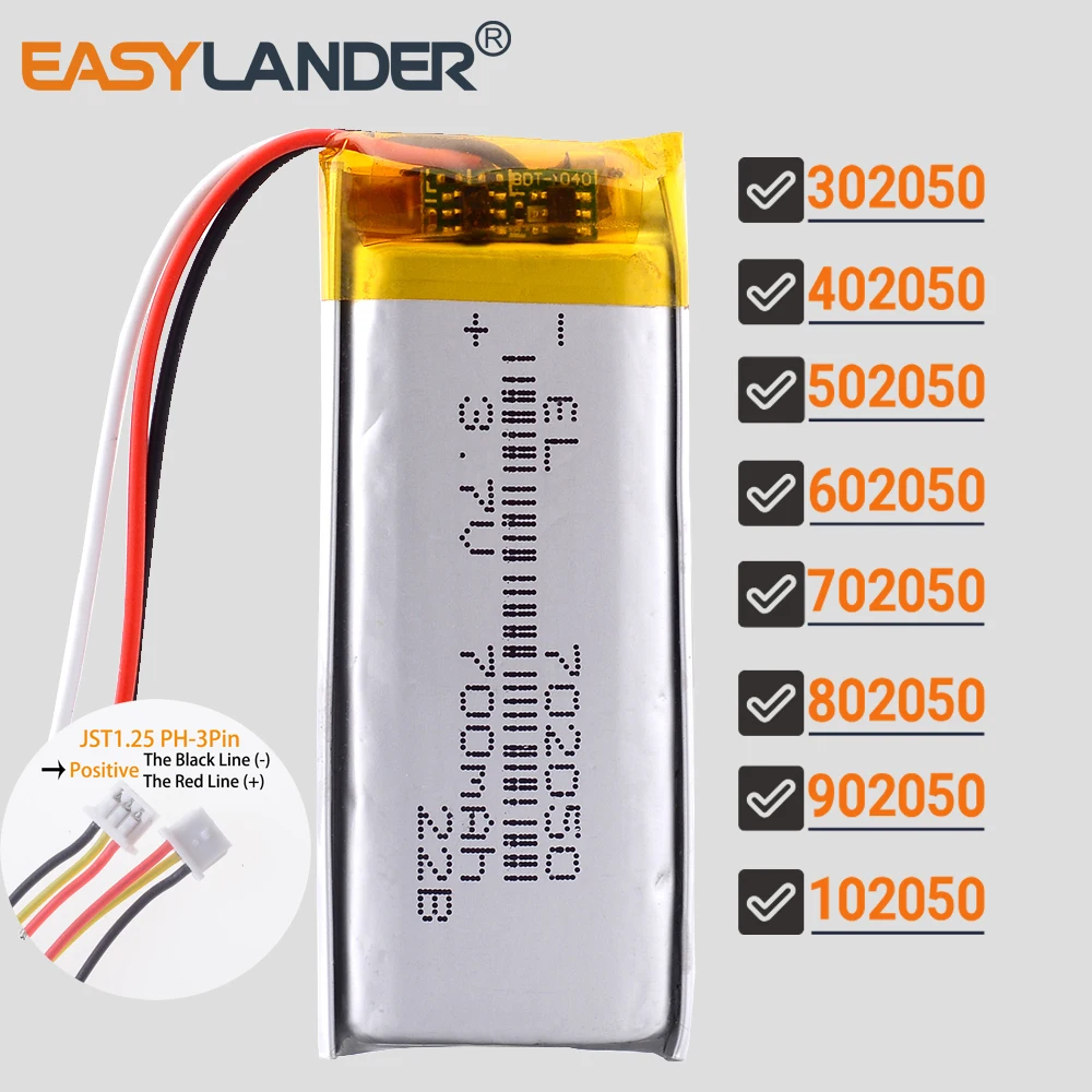 JST1.25mm 3Pin 802050 3.7V 900mAh Rechargeable Lipo Li Polymer Li-ion ...