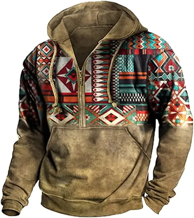 Western Aztec Hoodies for Men Ethnic Print Graphic Half Zip Pullover ...